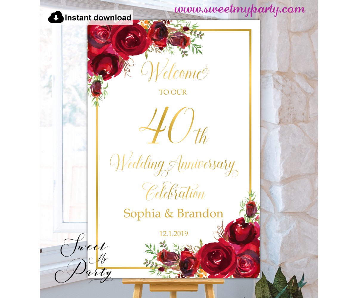 Red Roses Anniversary Welcome Sign|40th Anniversary Sign|40th ...