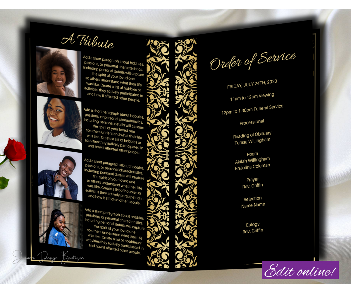 Black Gold Funeral Program Template 8 pages|Back Gold Memorial Service ...