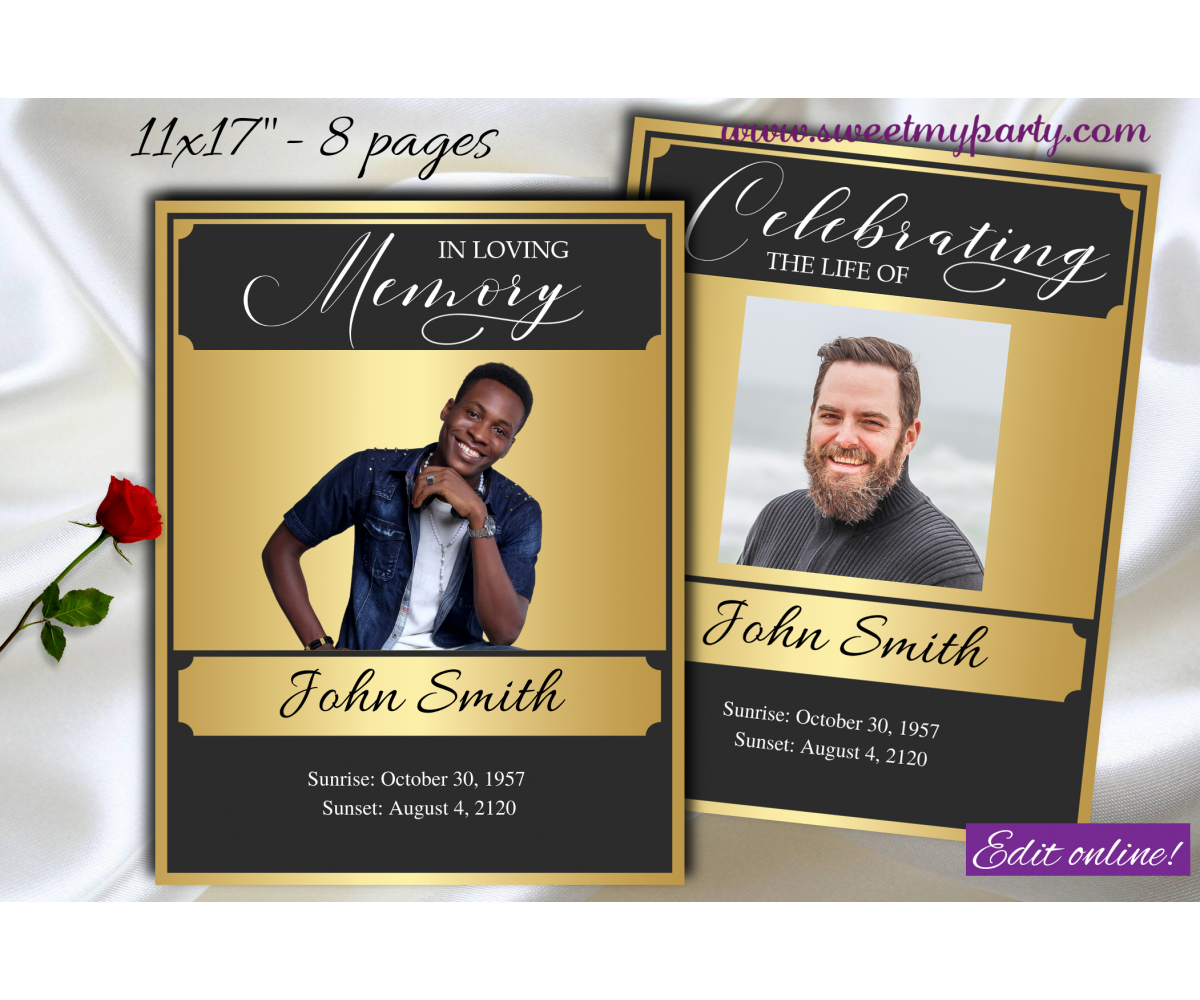 Gold Funeral Program Template 11x17|Gold Memorial Service Program ...