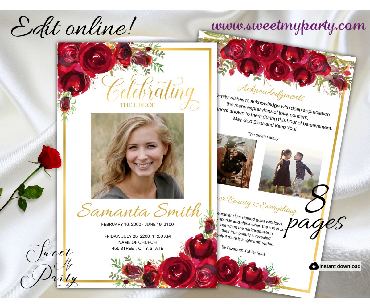 Red Roses Funeral Program Template|Red Roses Funeral Program Printable ...