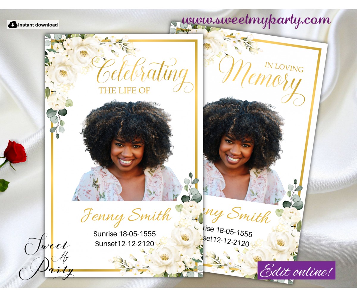 Ivory Roses Funeral Program Template|White Roses Funeral Program ...