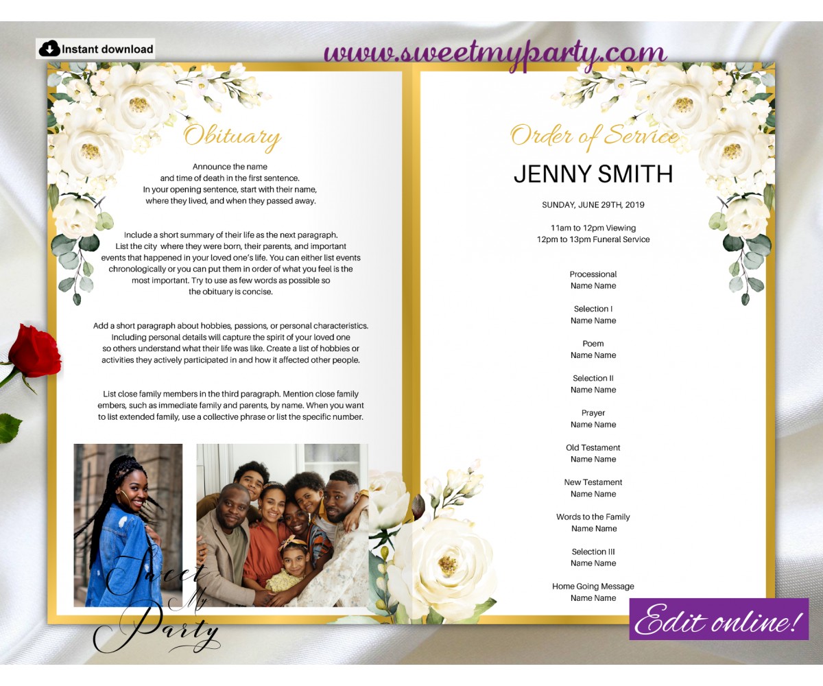 Ivory Roses Funeral Program Template|White Roses Funeral Program ...