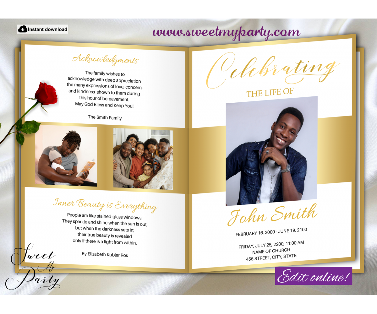 Gold Funeral Program Obituary Template 11x17|Gold Memorial Service ...