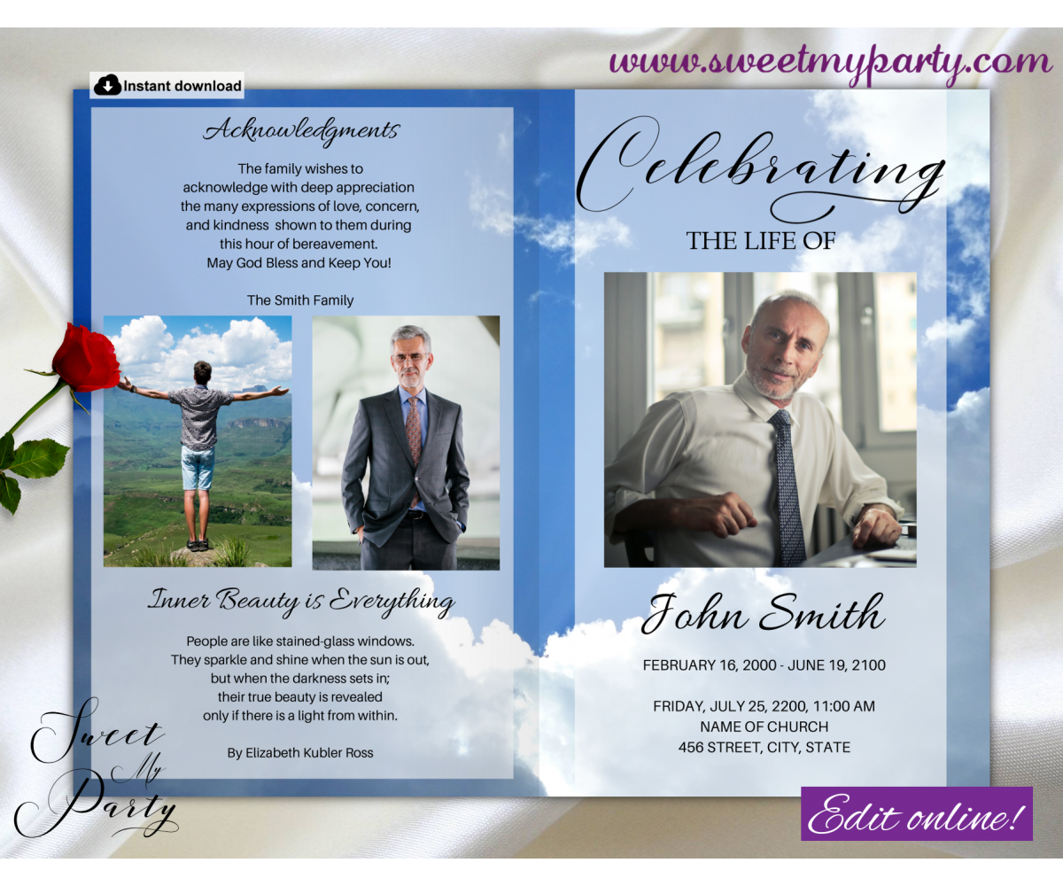 Blue Sky Funeral Program Template for Man|Blue Sky Memorial Service ...