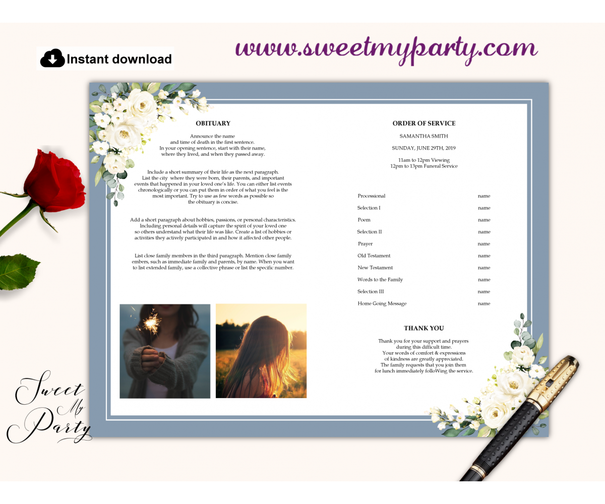 Dusty Blue Funeral Program Template|White Roses Funeral Program ...