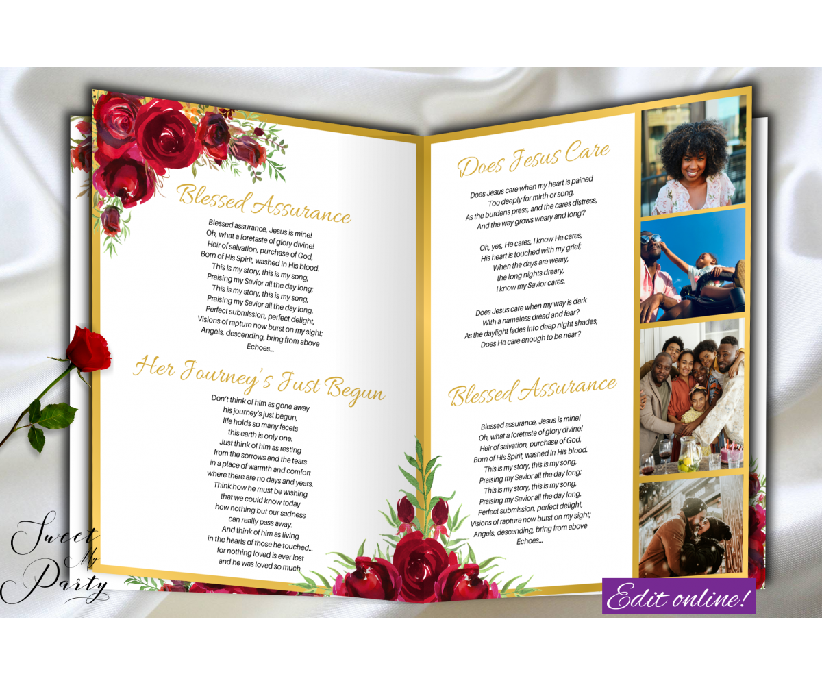 Red Roses Funeral Program Obituary Template 11x17" Tabloid|Red Roses ...