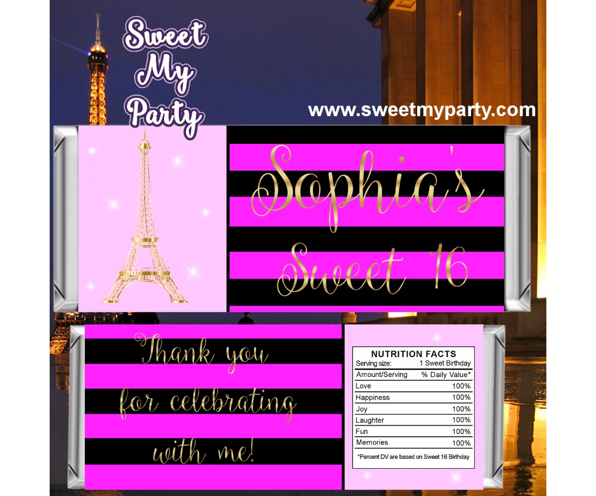 Eiffel Tower birthday pink candy bar wrappers|A night in Paris birthday ...