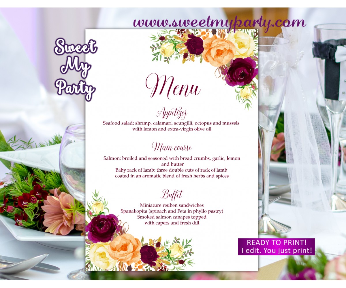 Digital Prints 100% Editable Templett Dinner Menu P59 Bohemian Menu ...