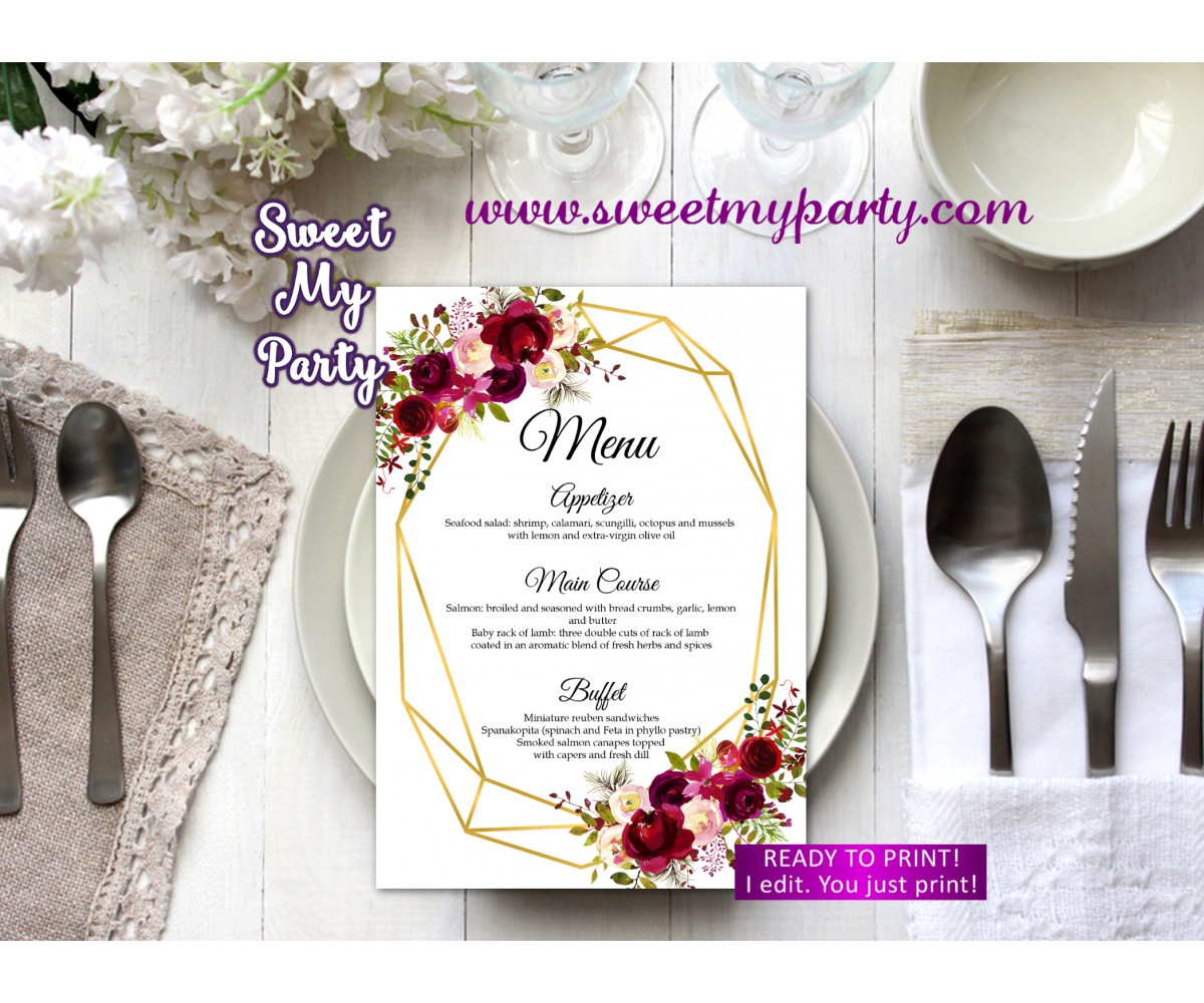 Burgundy menu cards printable|Geometric menu card|Marsala menu cards ...
