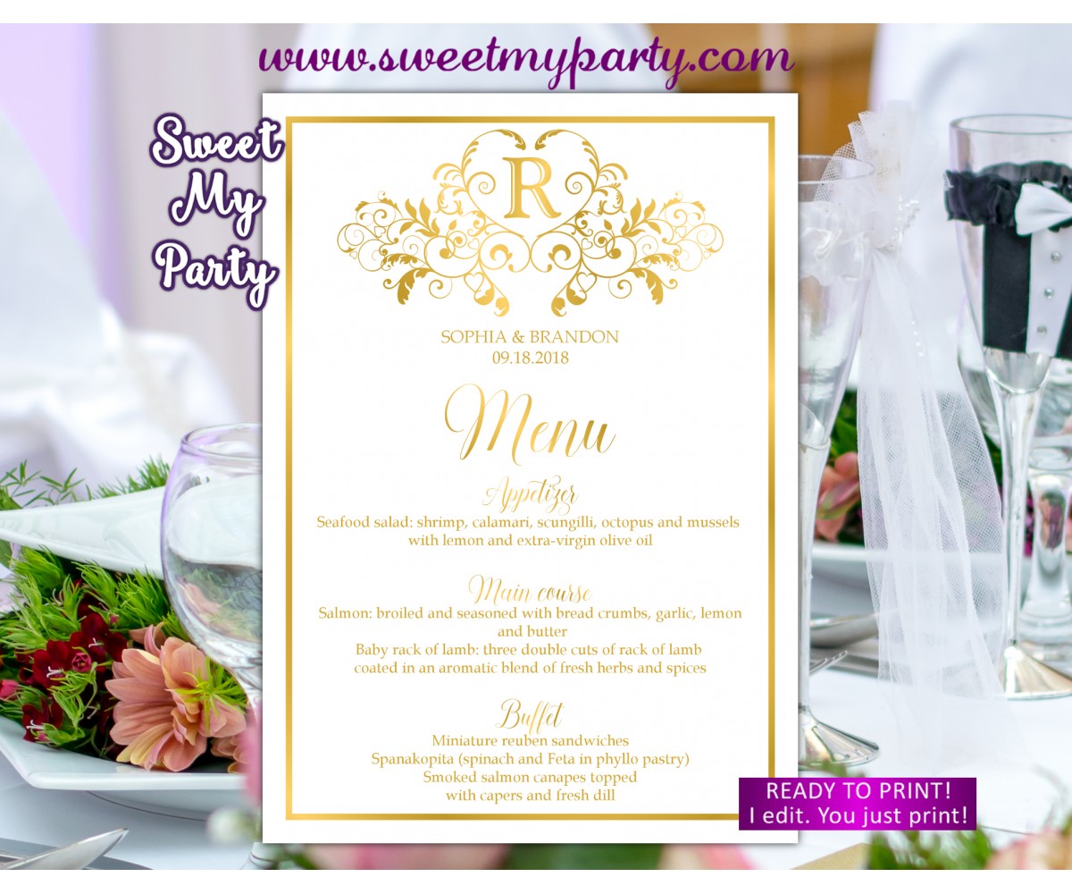 Gold menu cards printable|Gold menu cards with monogram|Elegant wedding ...