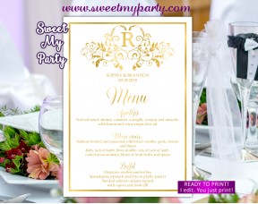 Gold menu cards printable|Gold menu cards with monogram|Elegant wedding ...