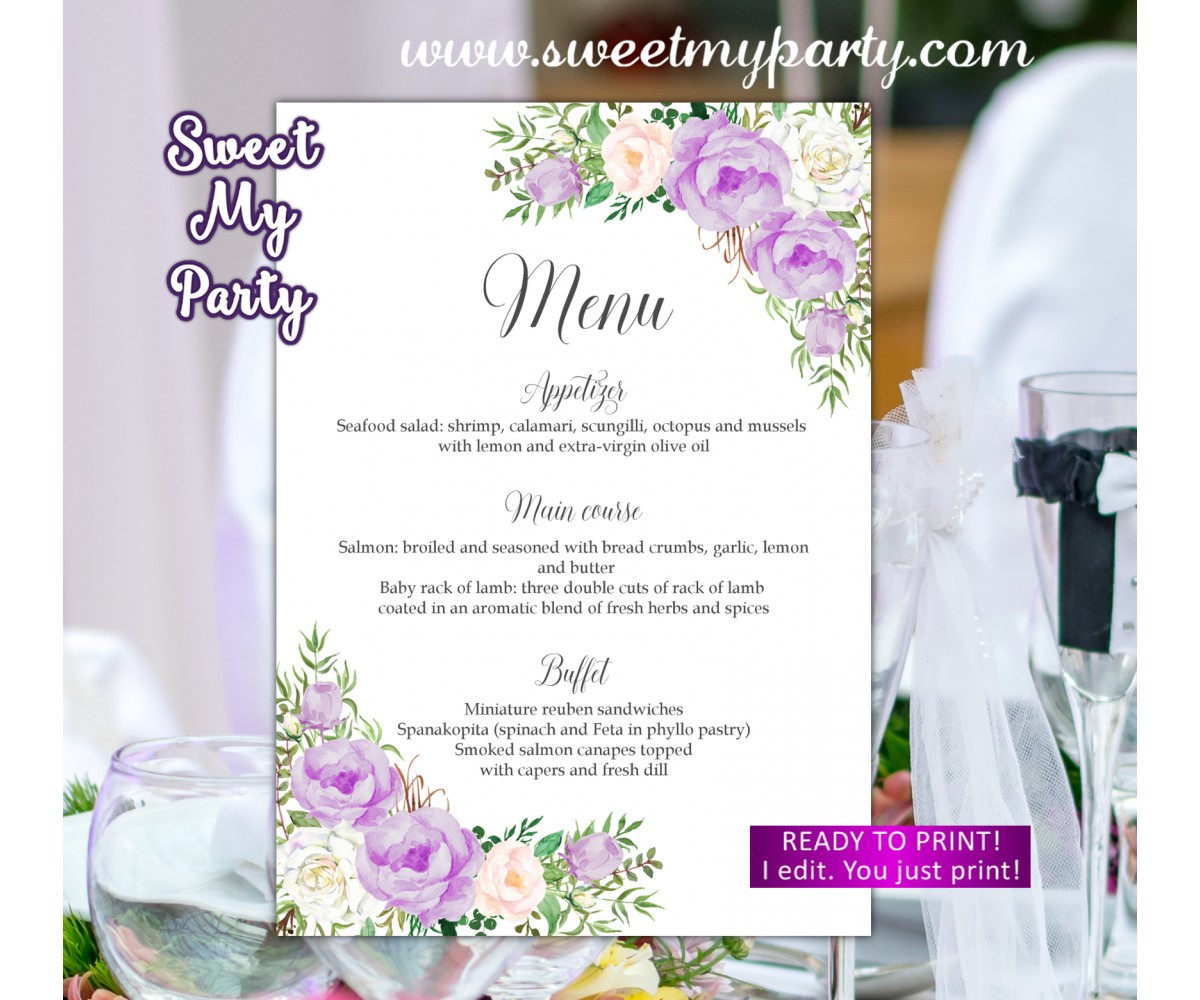 Lavender menu card printable|Lilac menu card printable|Purple menu card ...