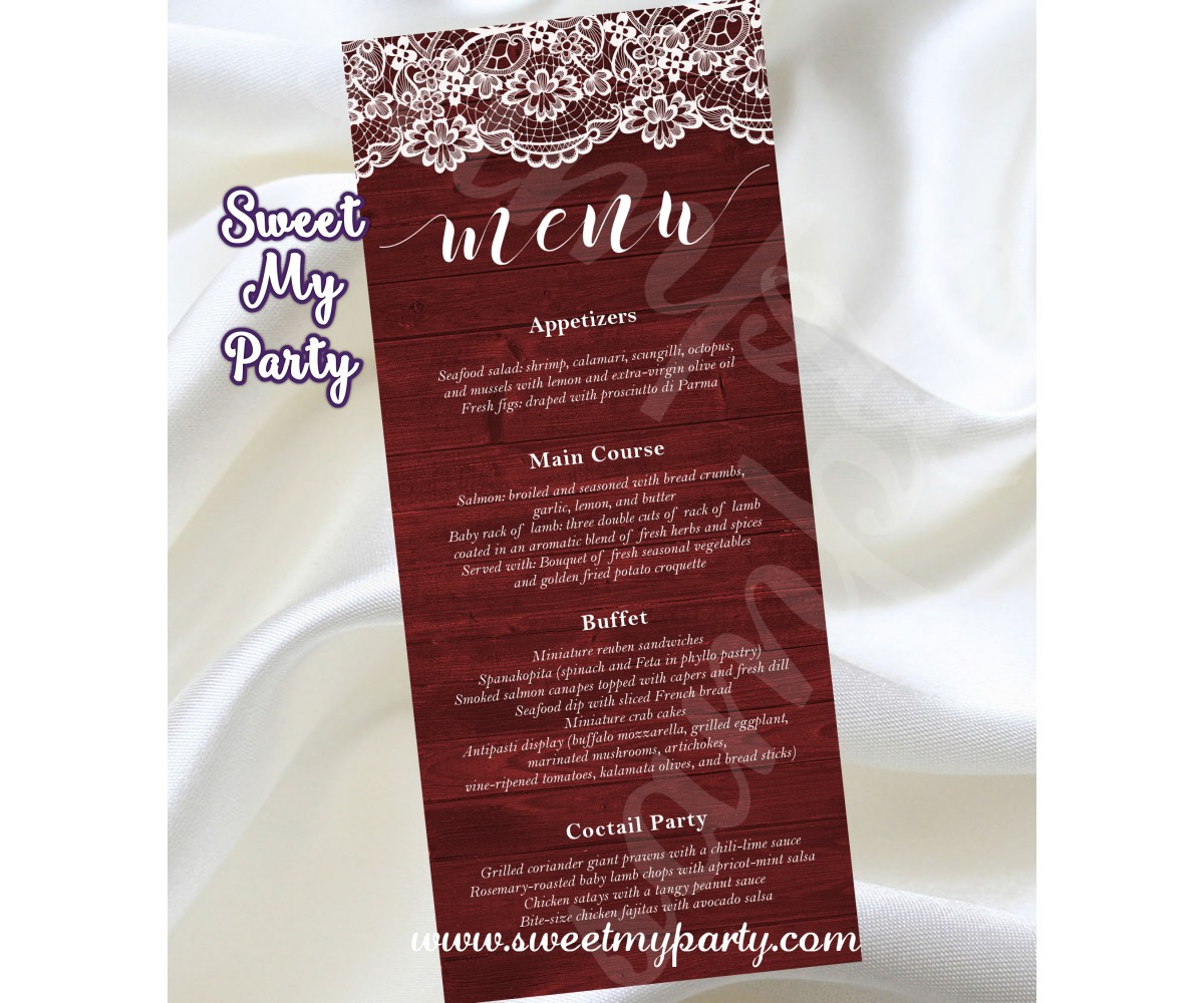 Rustic Wedding Menu card tea length|Wood Lace wedding Menu card tea ...