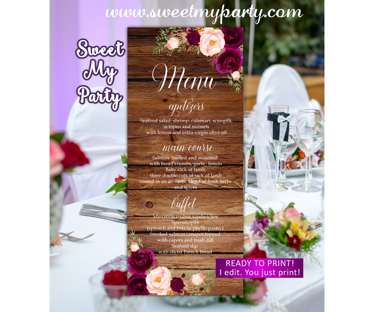 Rustic menu card printable|Burgundy menu card printable|Fall menu card ...