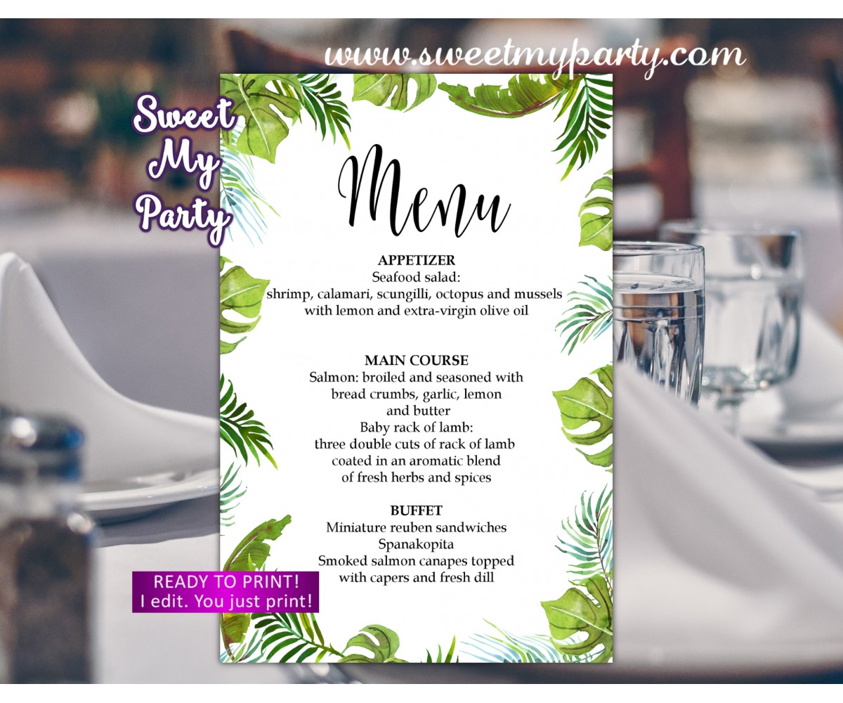 Tropical menu cards printable|tropical wedding menu card|Greenery menu ...