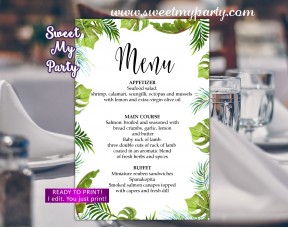 Tropical menu cards printable|tropical wedding menu card|Greenery menu ...