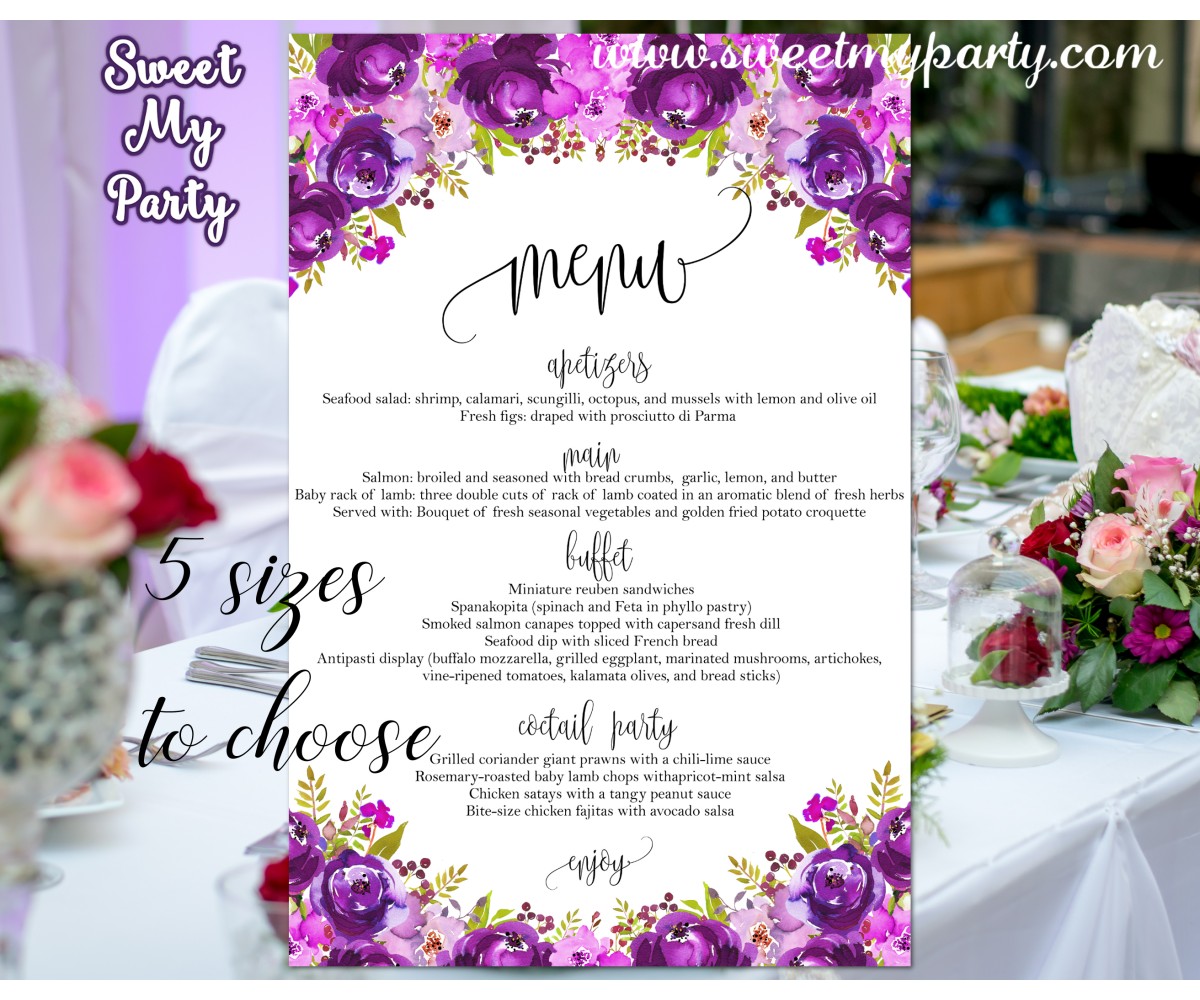 Floral puple wedding menu card digital printable|Floral purple ...