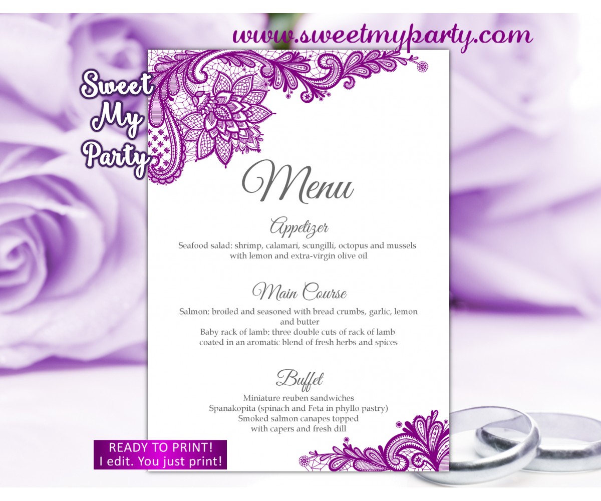 Purple menu card printable|Lilac menu card printable|Lavender menu card ...