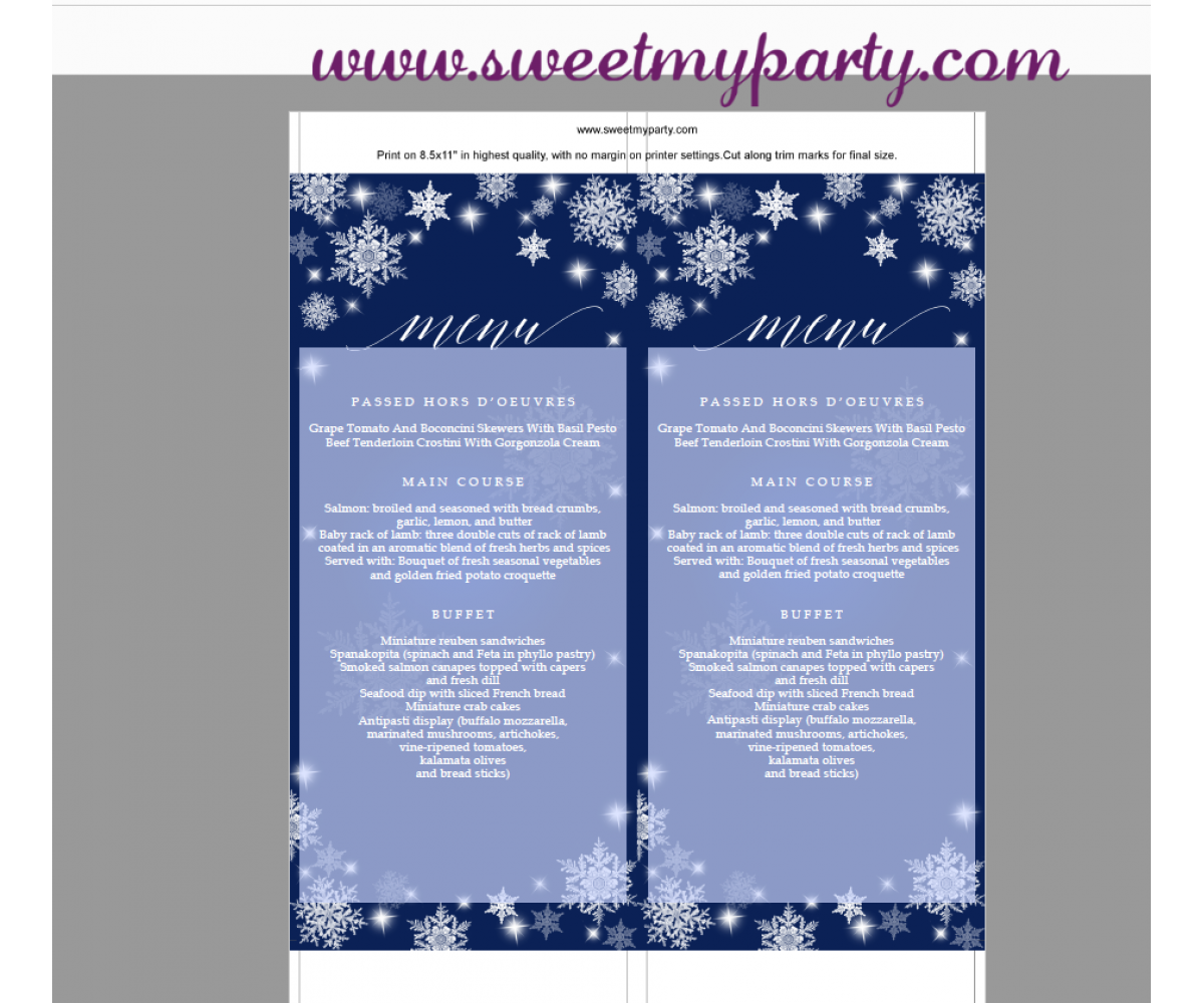 Snowflakes Menu Card Printable Template|Snowflakes Wedding Menu ...