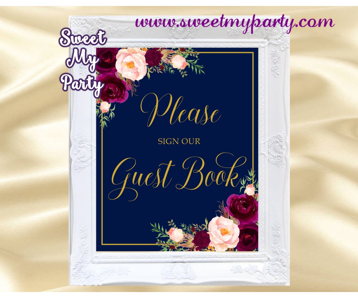 Burgundy guest book sign printable|Marsala guest book sign|gold guest ...