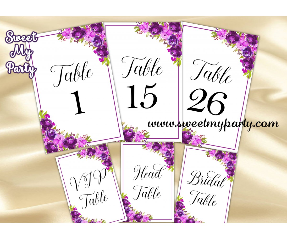 Purple table numbers|Violet table numbers printable|floral table ...