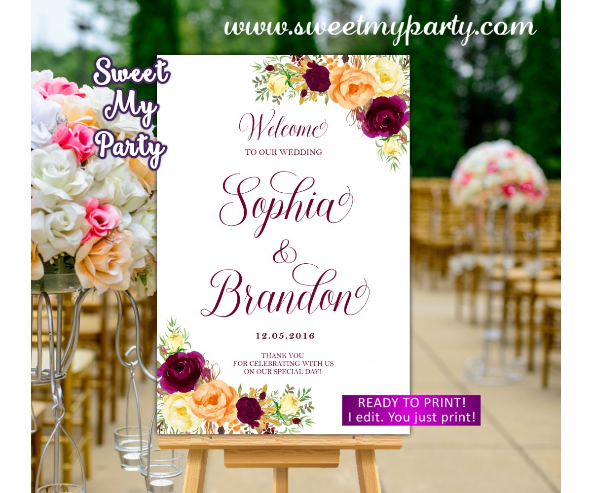 Burgundy orange wedding welcome sign printable|Marsala orange welcome ...
