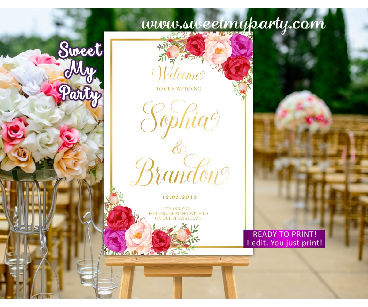 Pink red wedding welcome sign printable|Red pink welcome sign|Floral ...