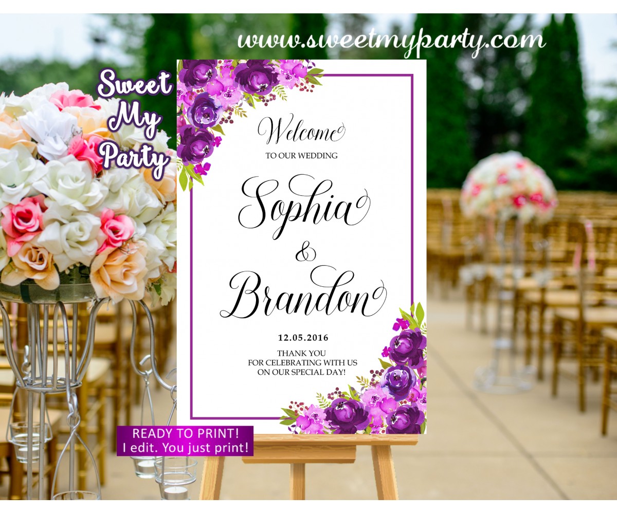 Purple wedding welcome sign printable|Violet welcome sign|floral ...