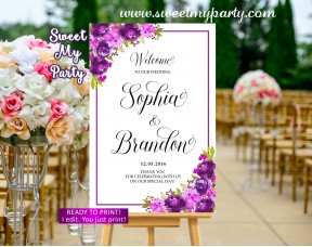 Purple wedding welcome sign printable|Violet welcome sign|floral ...