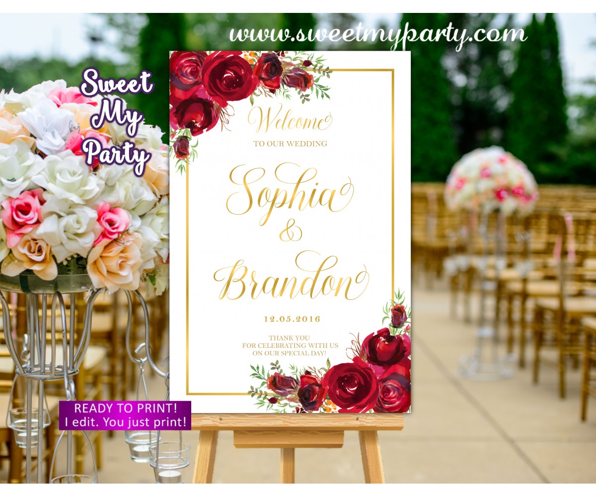 Red roses wedding welcome sign|Red flowers welcome sign|Gold wedding ...