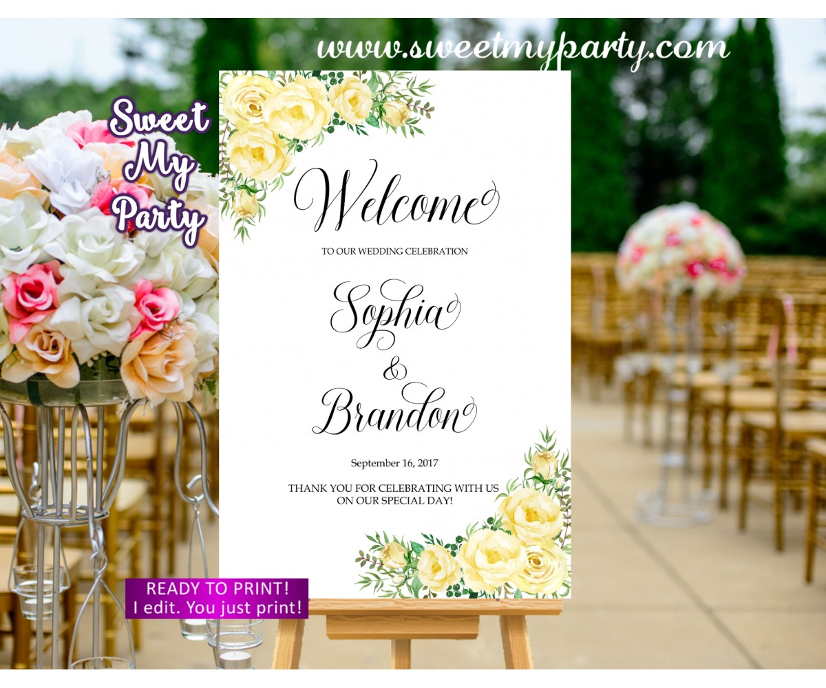 Yellow roses wedding welcome sign printable|Yellow roses welcome sign ...